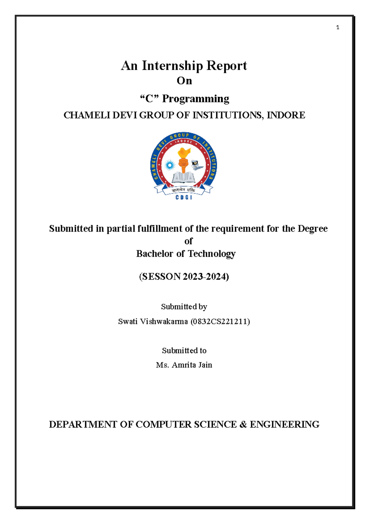 Internship Report on C Programming (BTech 0832CS221211) - Studocu