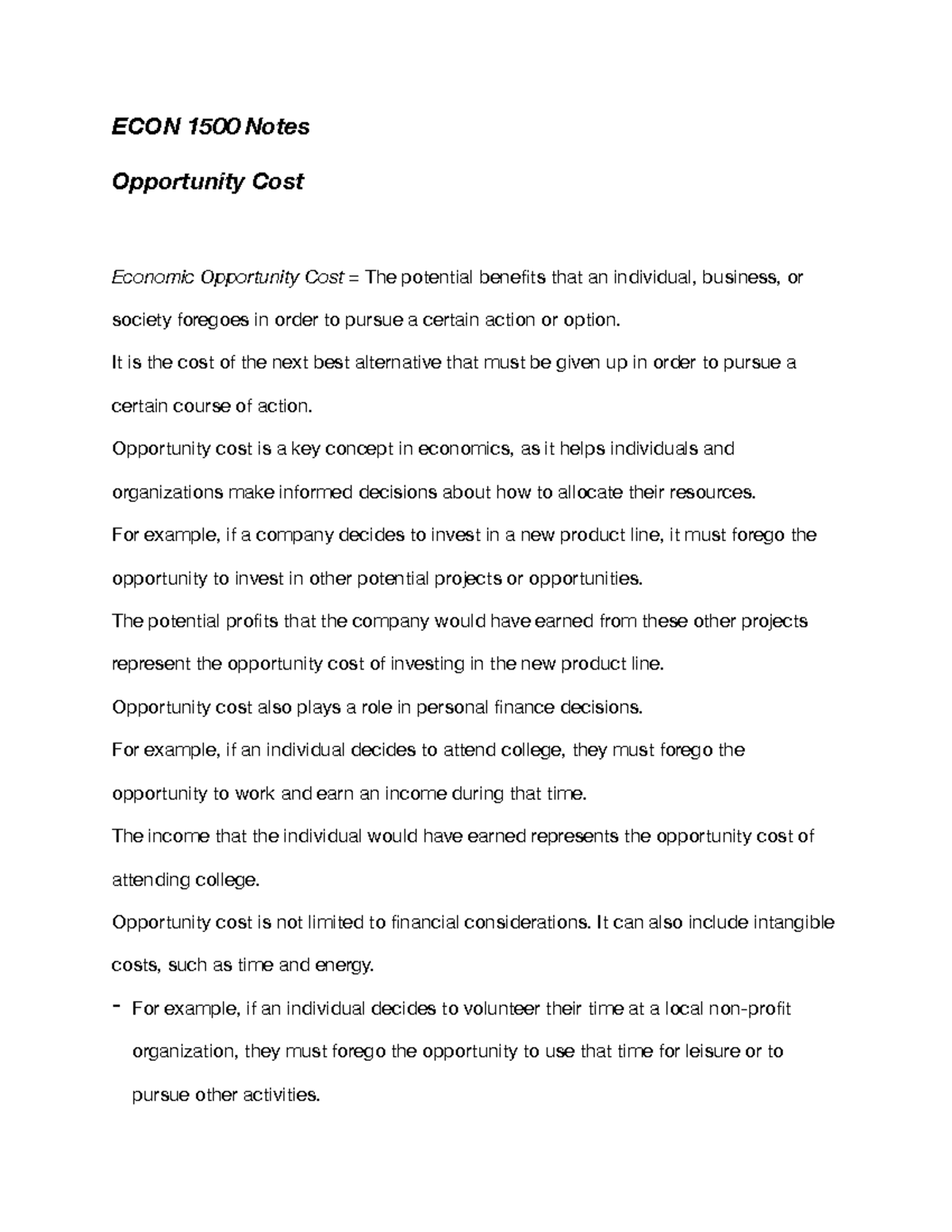 ECON 1500 Opportunity Cost Notes - ECON 1500 Notes Opportunity Cost ...