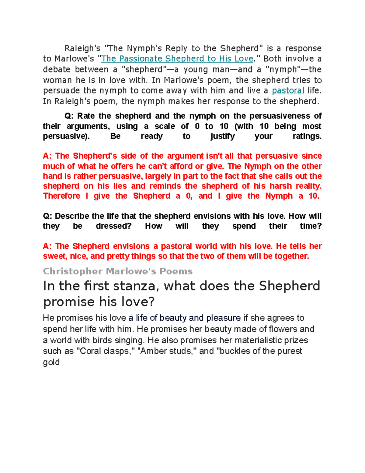 Final Exam Analysis of "The Nymph's Reply to the Shepherd" - ENGL101 ...