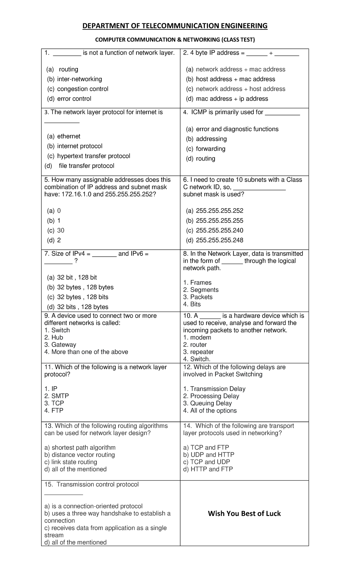 Class Test II - Computer Communication Objective Test - DEPARTMENT OF ...