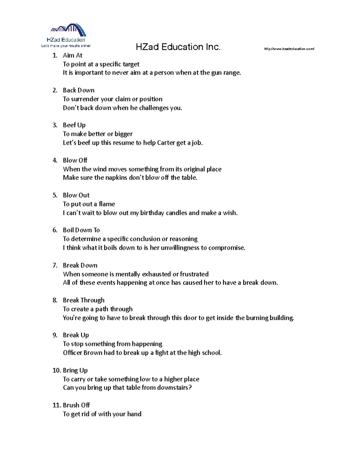 HZad Education Inc. 200 Phrasal Verbs: Definitions and Examples - Studocu