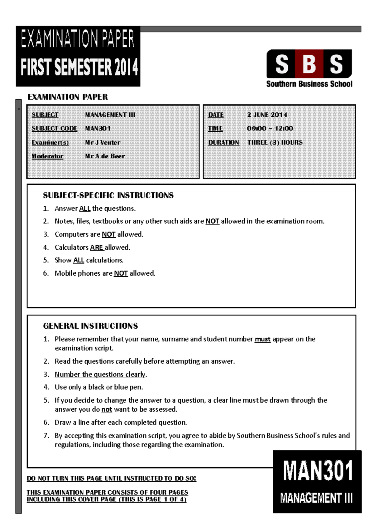 Management examination paper MAN301 June 2014: First semester questions ...