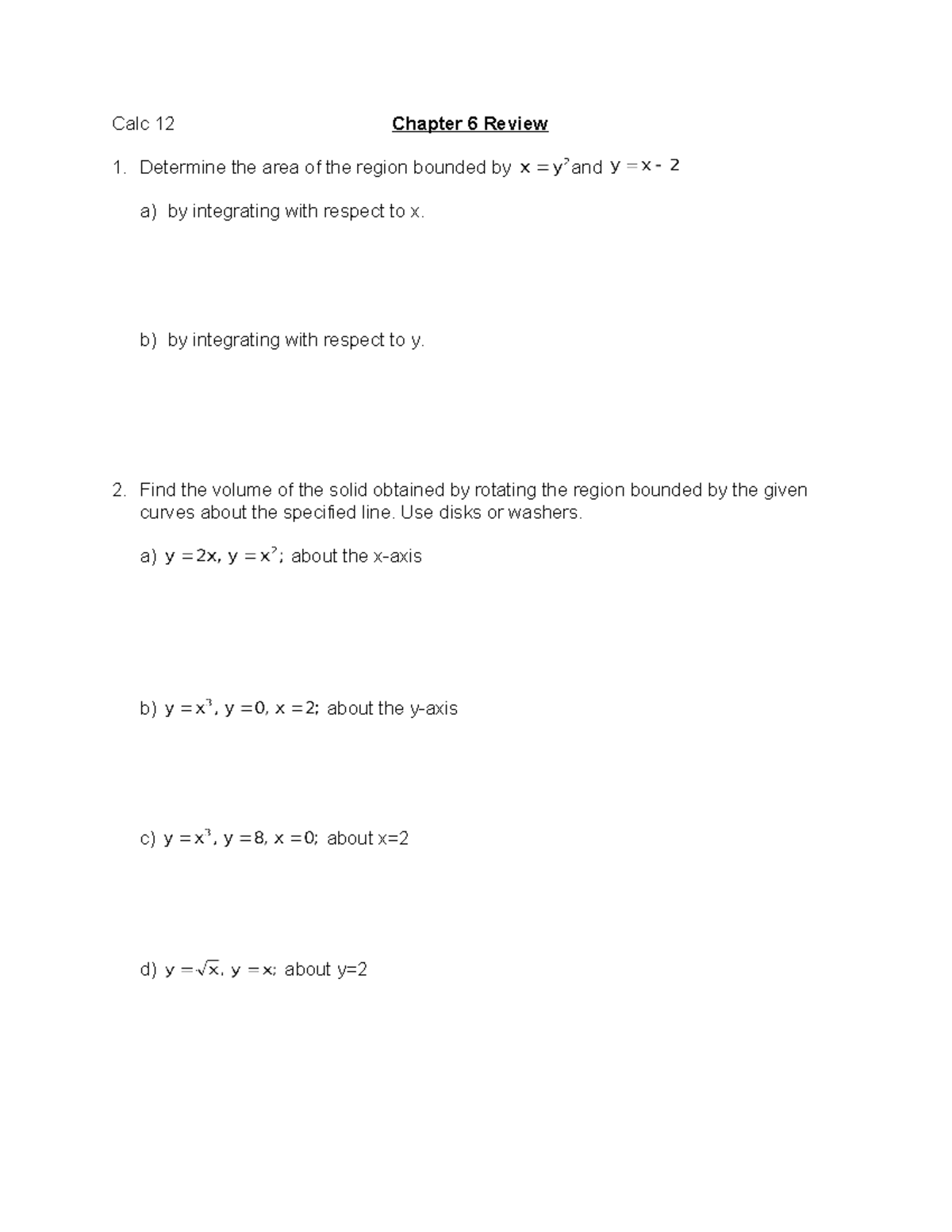 Ch.6 Review cylinder - EC131 - Calc 12 Chapter 6 Review Determine the ...