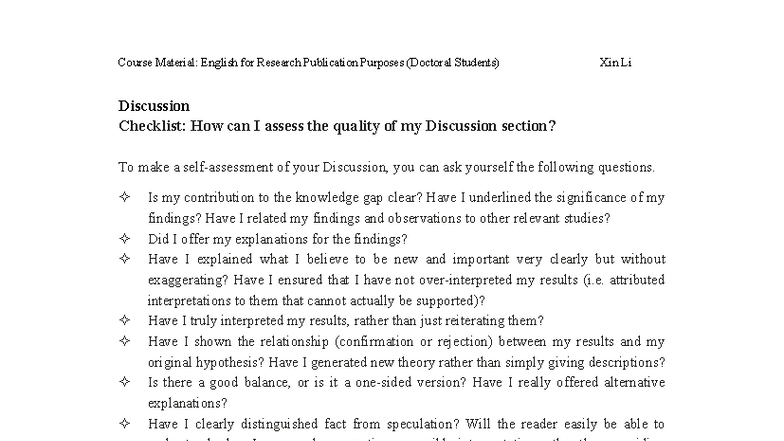 Checklist Discussion - Course Material: English for Research ...
