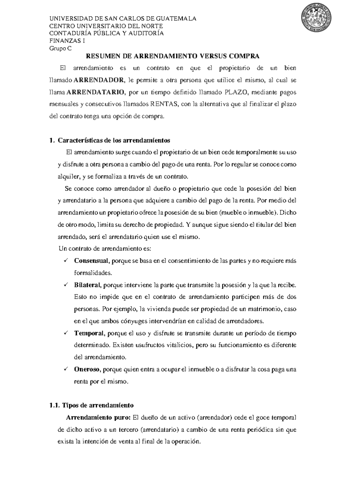Resumen de Arrendamiento vs Compra - Finanzas I (Grupo C) - Studocu