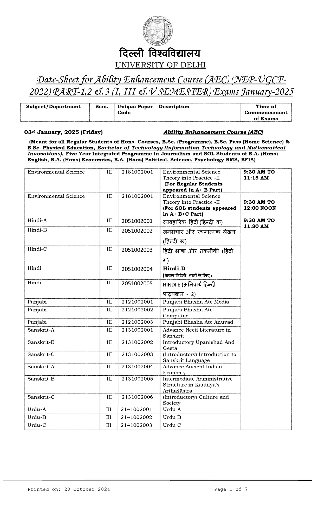 AEC 3 Exam Schedule for I & V Semester - University of Delhi - Studocu