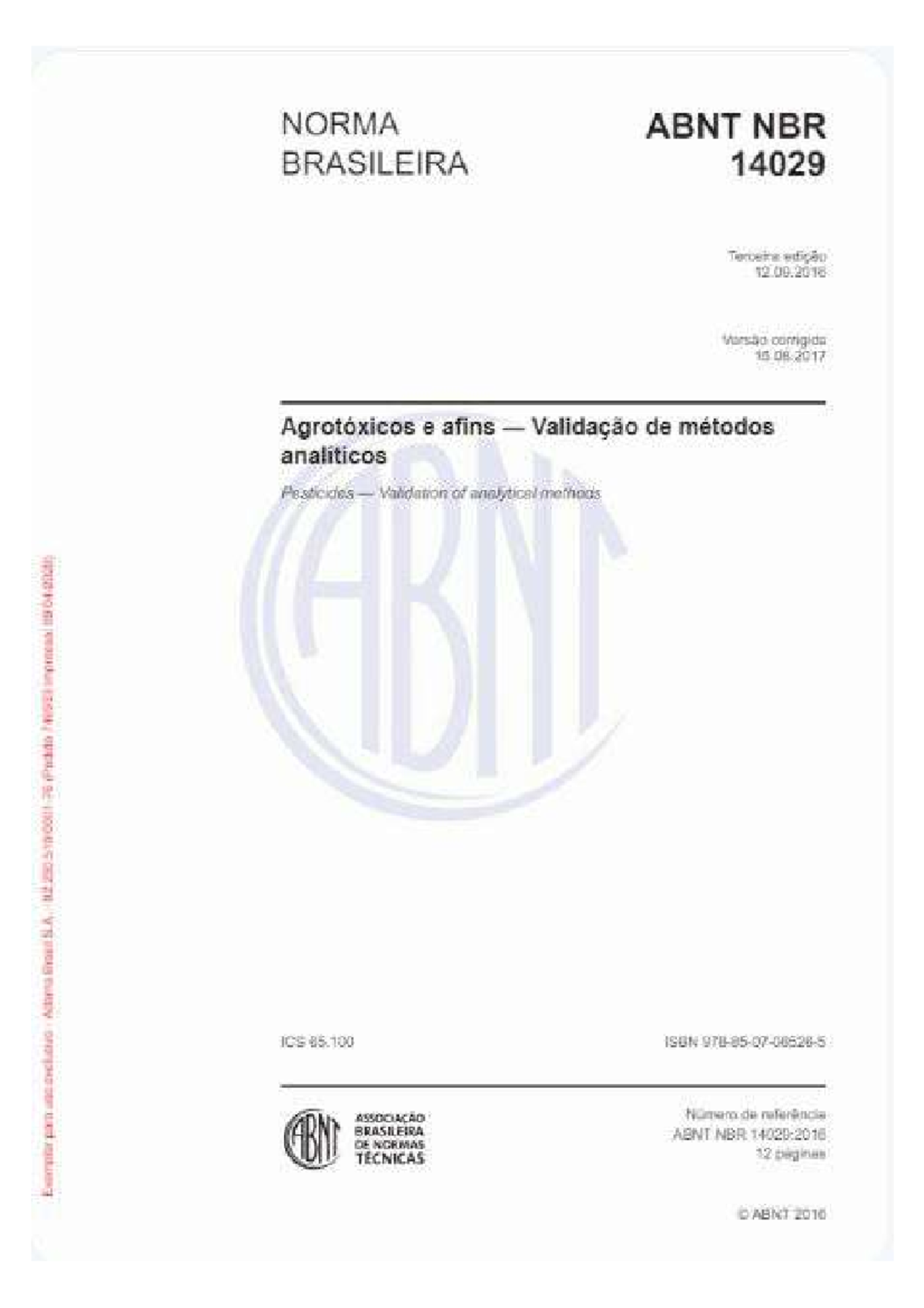 Norma ABNT NBR 14029:2016 - Validação de Métodos Analíticos de ...