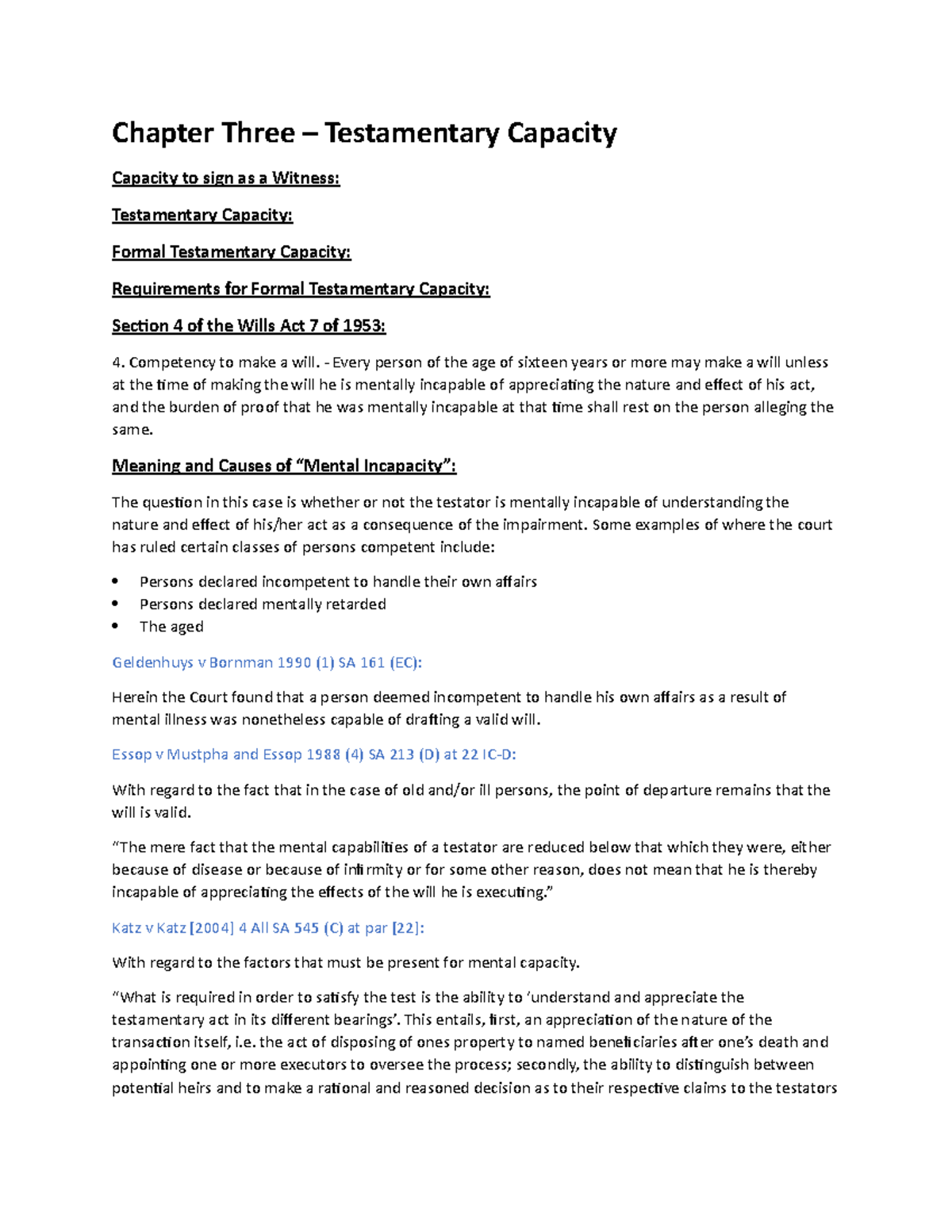 Chapter 3 - Testamentary Capacity & Witness Signing Criteria - Studocu