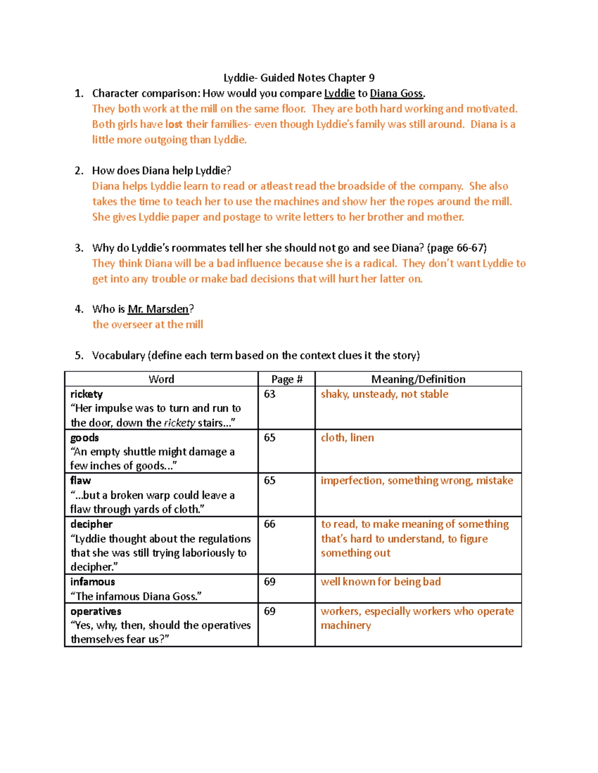 Lyddie- chapter 9 guided notes teacher notes - Lyddie- Guided Notes ...