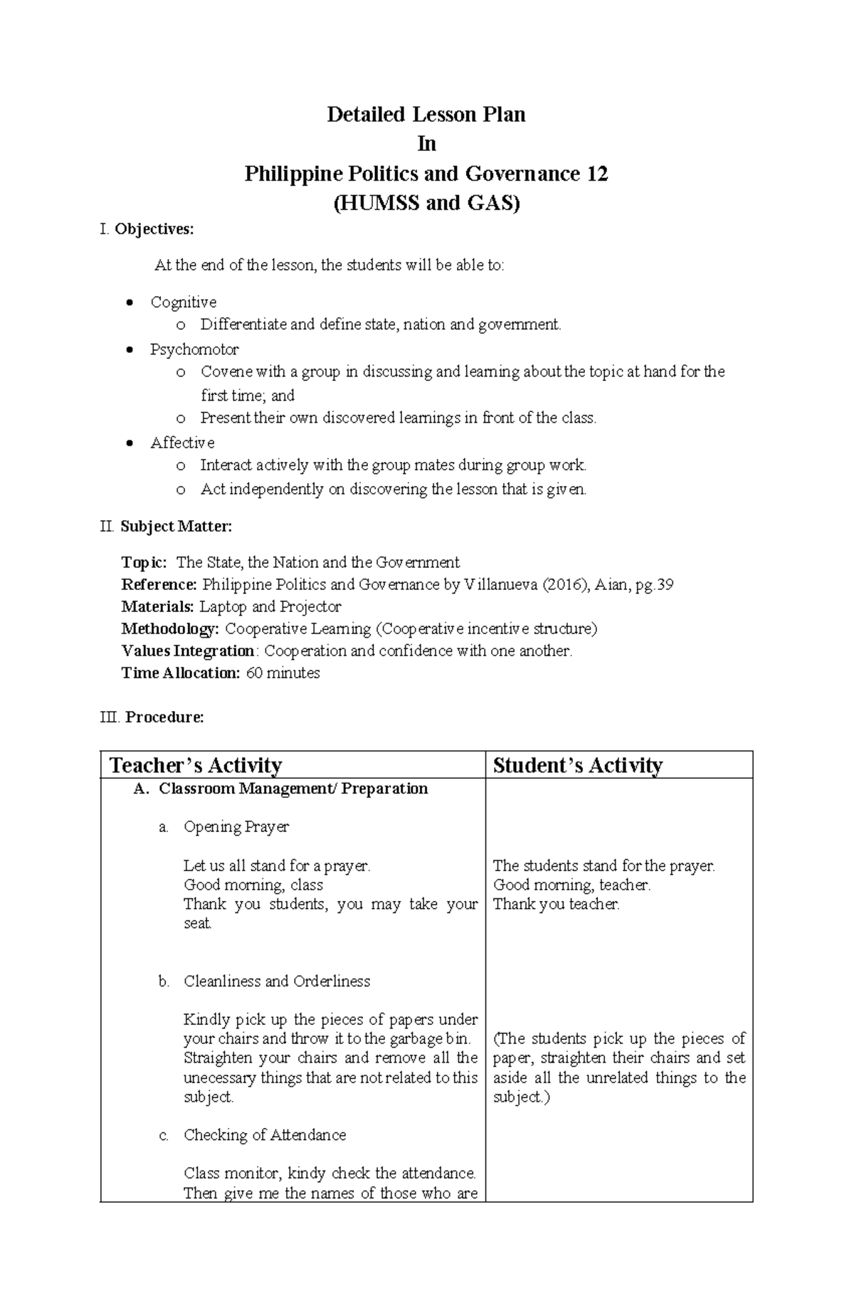 Detailed Lesson Plan: Philippine Politics and Governance 12 (HUMSS ...