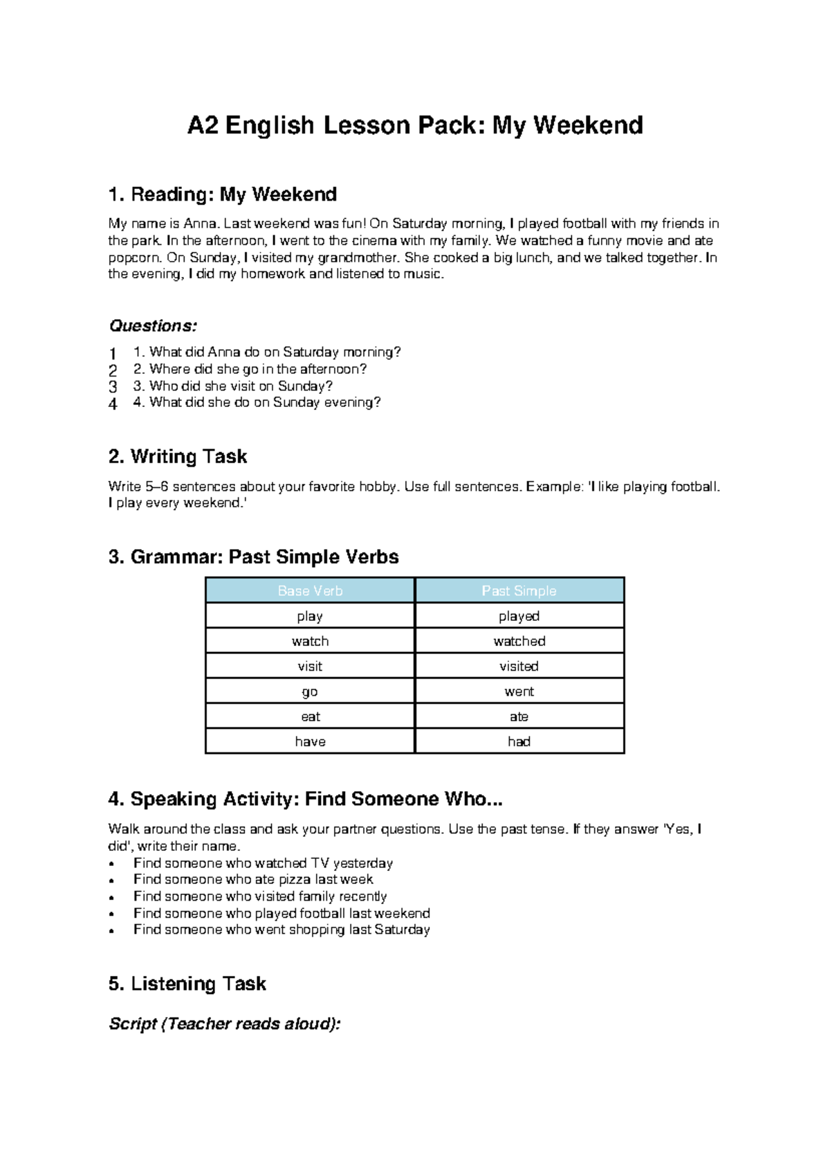 A2 English Lesson Pack: My Weekend Activities and Tasks - Studocu