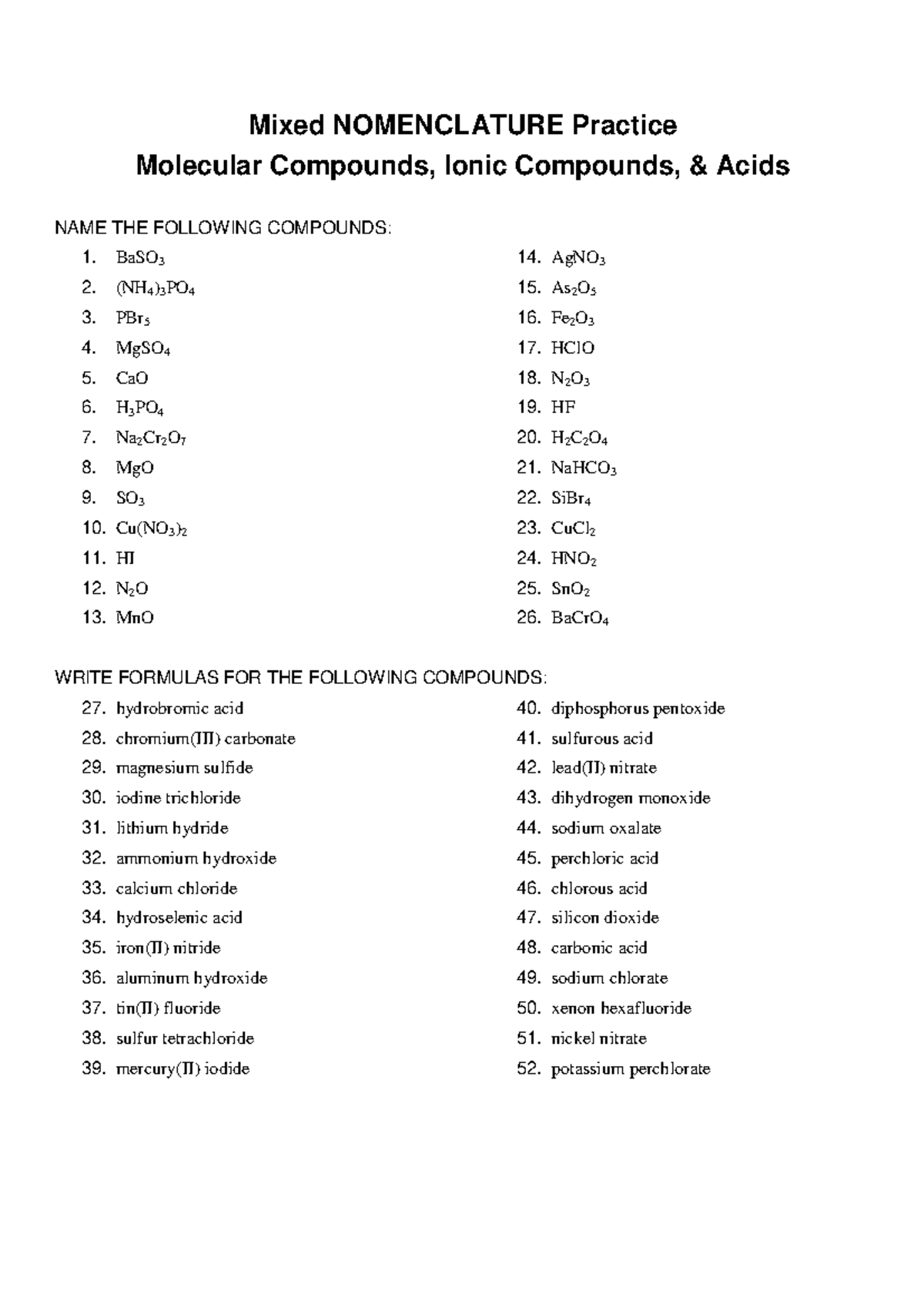 CHEM 101: Mixed Nomenclature Practice Answers and Formulas Guide - Studocu