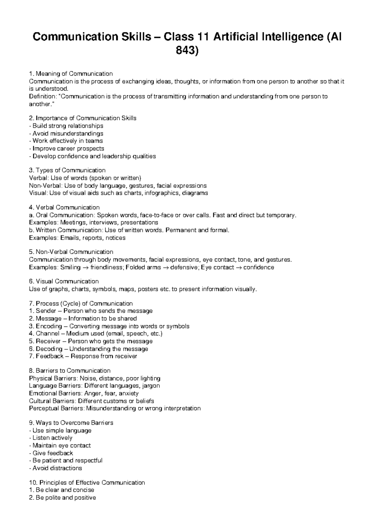 Communication Skills Overview for Class 11 (AI 843) - Studocu