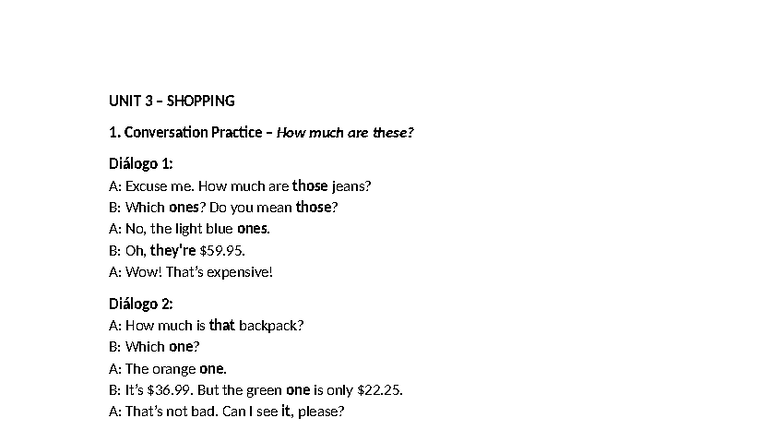 UNIT 3 SHOPPING: Conversation & Grammar Practice - Studocu