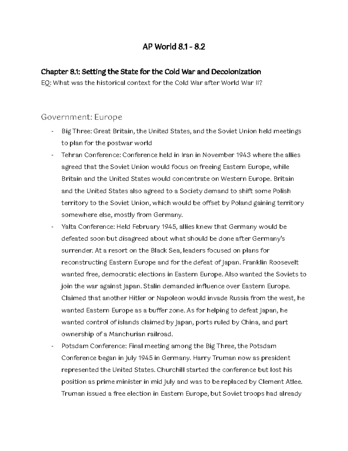 AP World History 8.1-8.2: Cold War and Decolonization Overview Notes ...