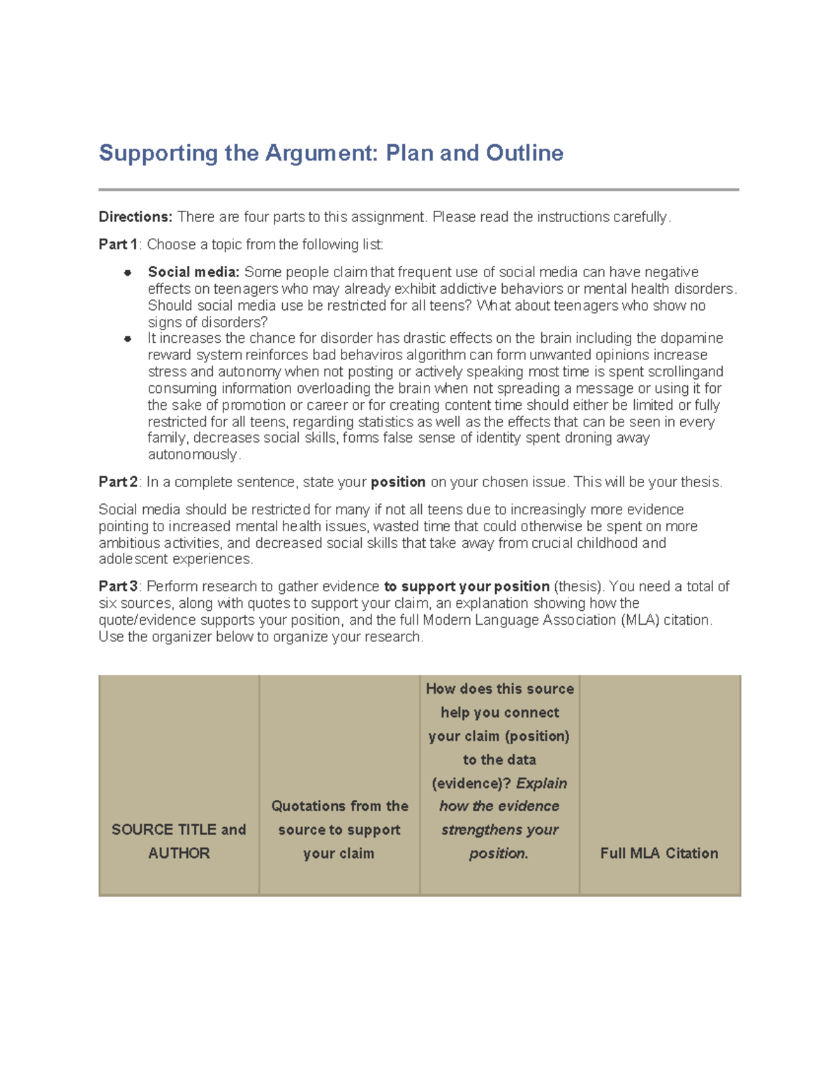 Supporting the Argument Plan and Outline - Supporting the Argument ...