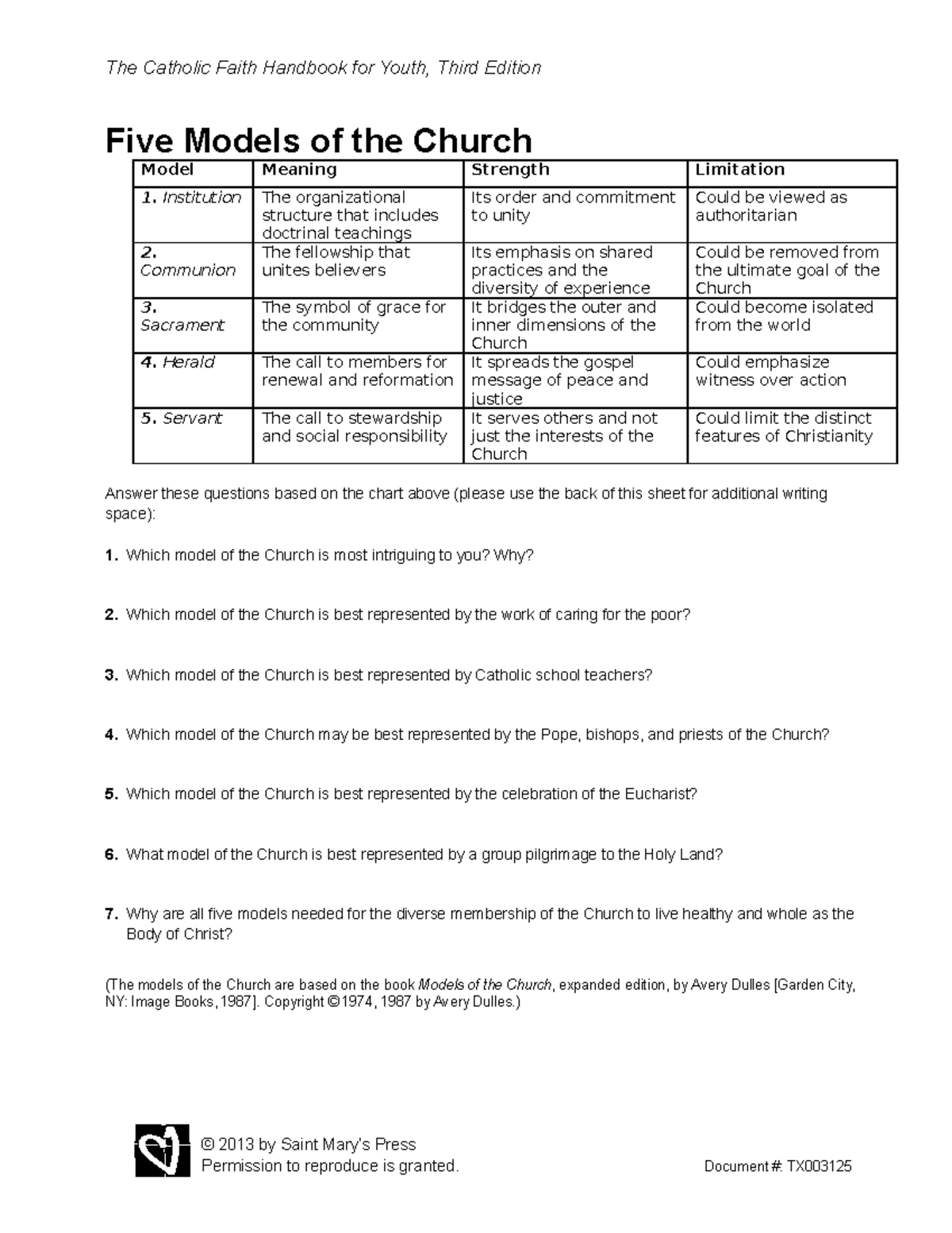 Models of the Church handout - The Catholic Faith Handbook for Youth ...