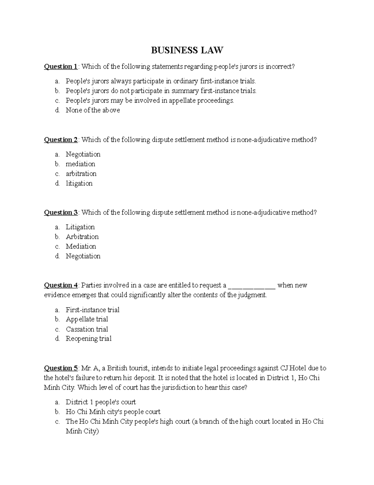 BUSINESS LAW - Quiz 2 Practice Questions and Answers - Studocu