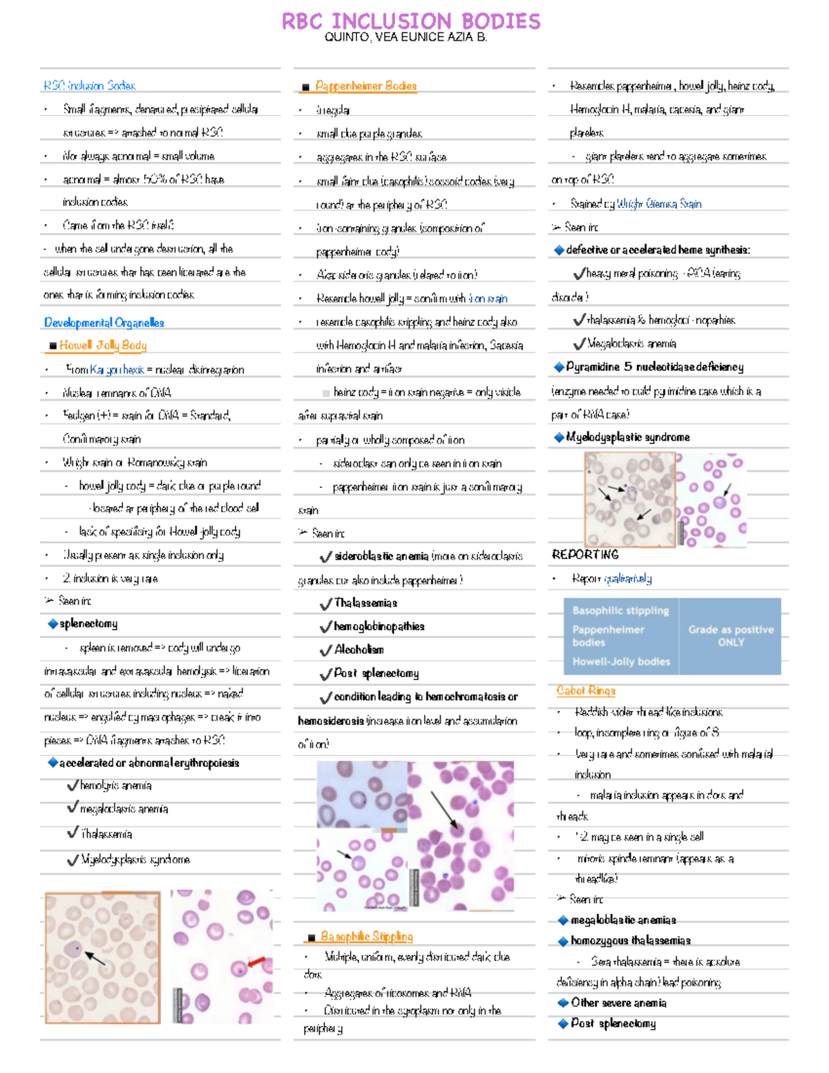 Rbc 3 - HEMATOLOGY RBC LECTURE - Resembles pappenheimer, howell jolly ...