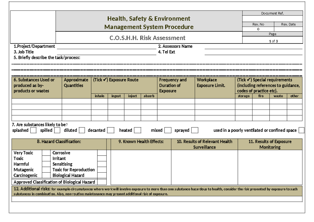 C.O.S.H.H. Risk Assessment Procedure: Hazardous Chemical Details - Studocu