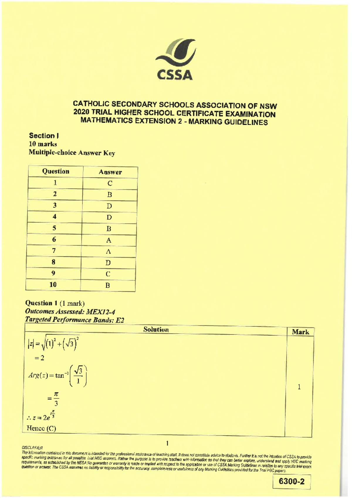 2020 CSSA MEX2 Trial HSC Mathematics Exam - Answer Key - Studocu