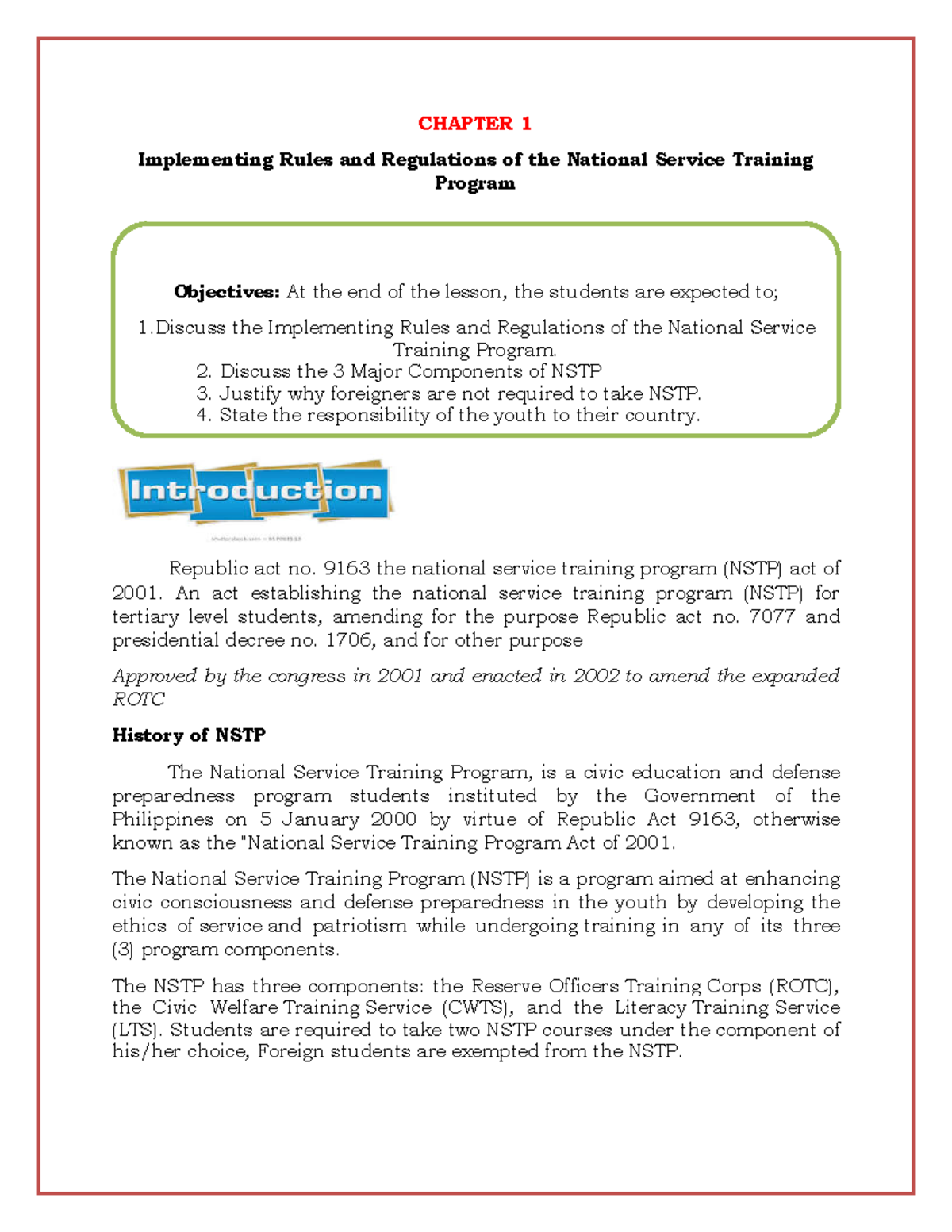 NSTP 2: Implementing Rules and Regulations Overview for Civic Training ...