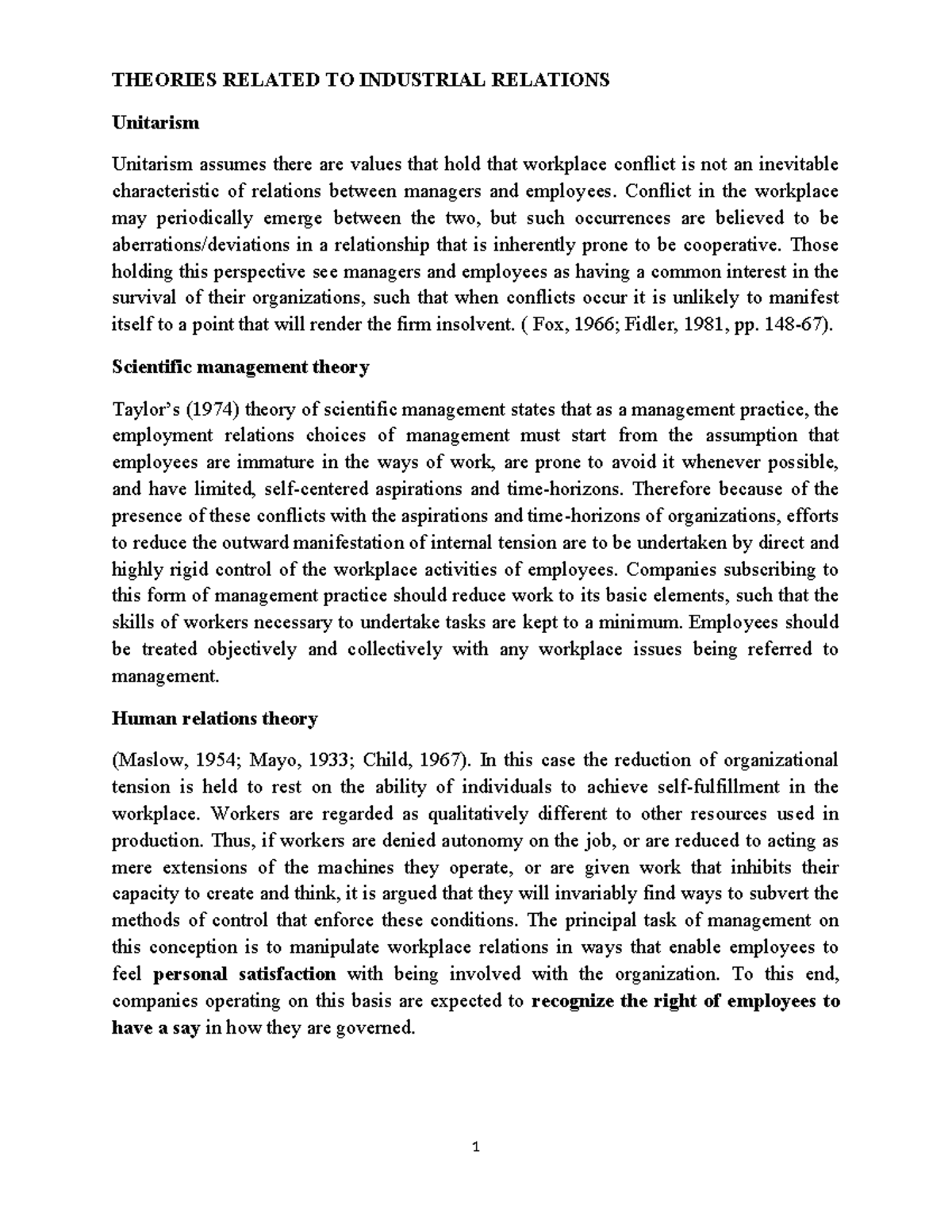Theories of Industrial Relations: Unitarism, Pluralism & HRM (IR101 ...