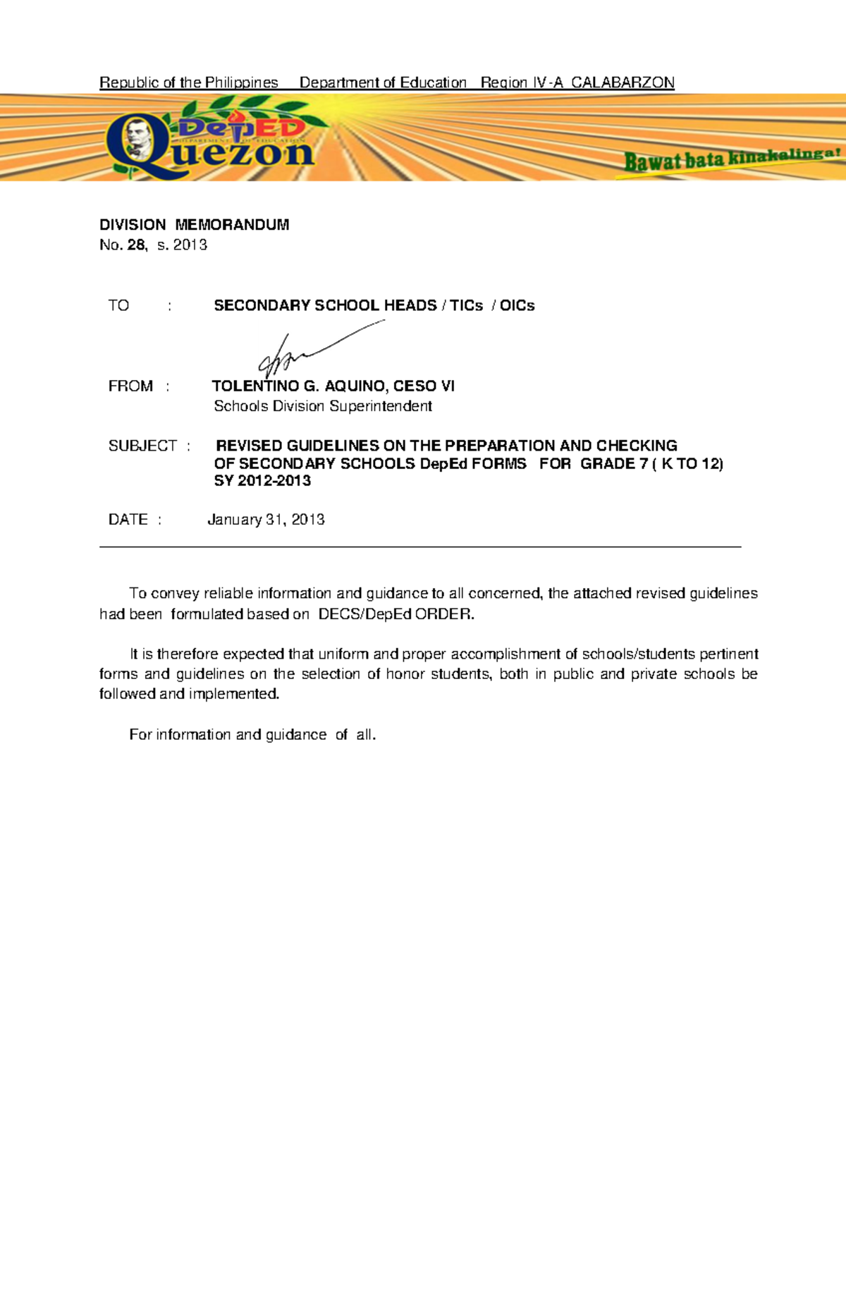 Revised Guidelines for DepEd Forms Preparation (Grade 7) SY 2012-2013 ...