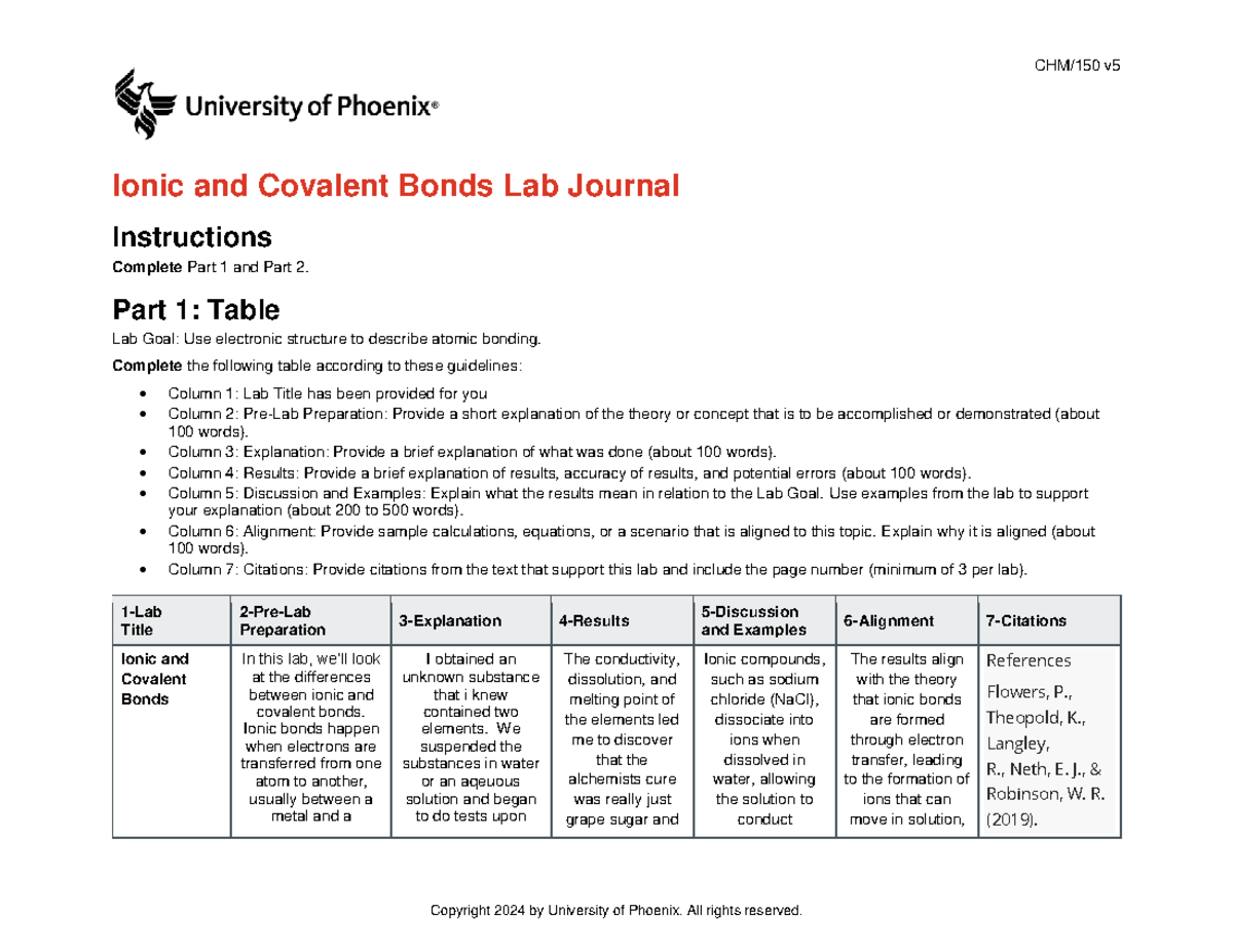 CHM150 v5 Week 4 Ionic & Covalent Bonds Lab Journal - Studocu