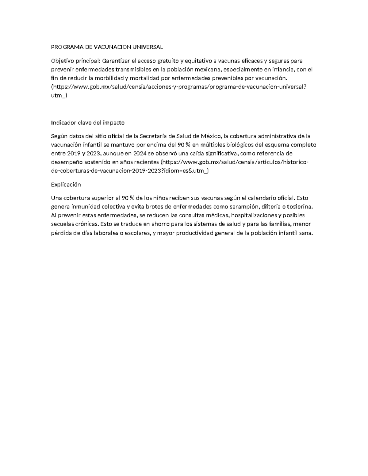 Programa de Vacunación Universal: Impacto y Cobertura 2019-2024 - Studocu