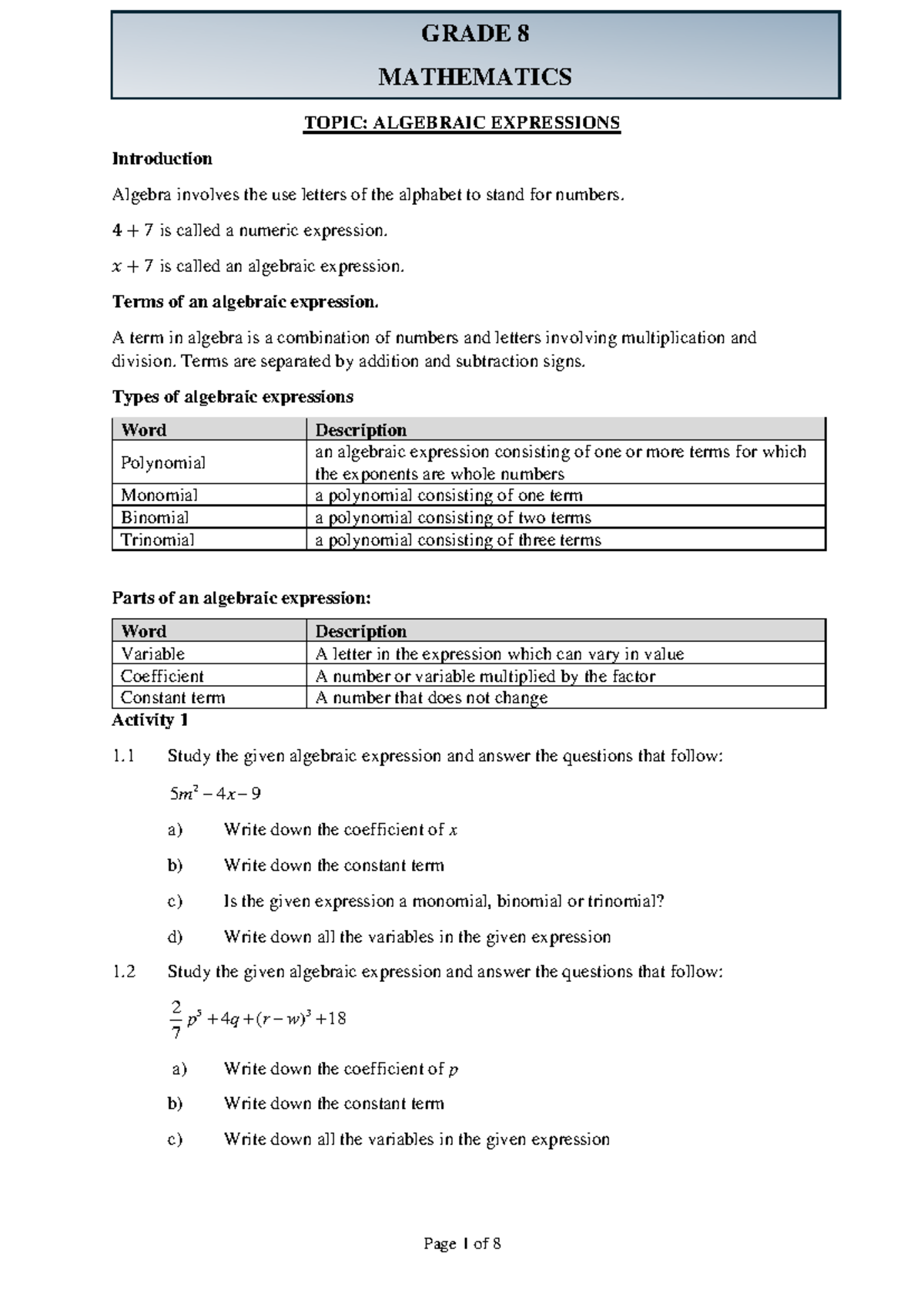 GRADE 8 MATHEMATICS: ALGEBRAIC EXPRESSIONS LESSON 3 - Studocu