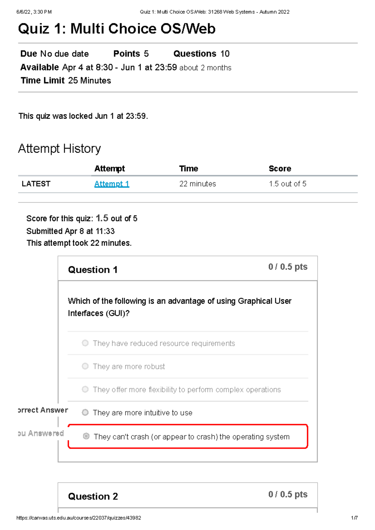 Quiz 1 Multi Choice OS Web 31268 Web Systems - Autumn 2022 - Quiz 1: Multi Choice OS/Web Due No ...