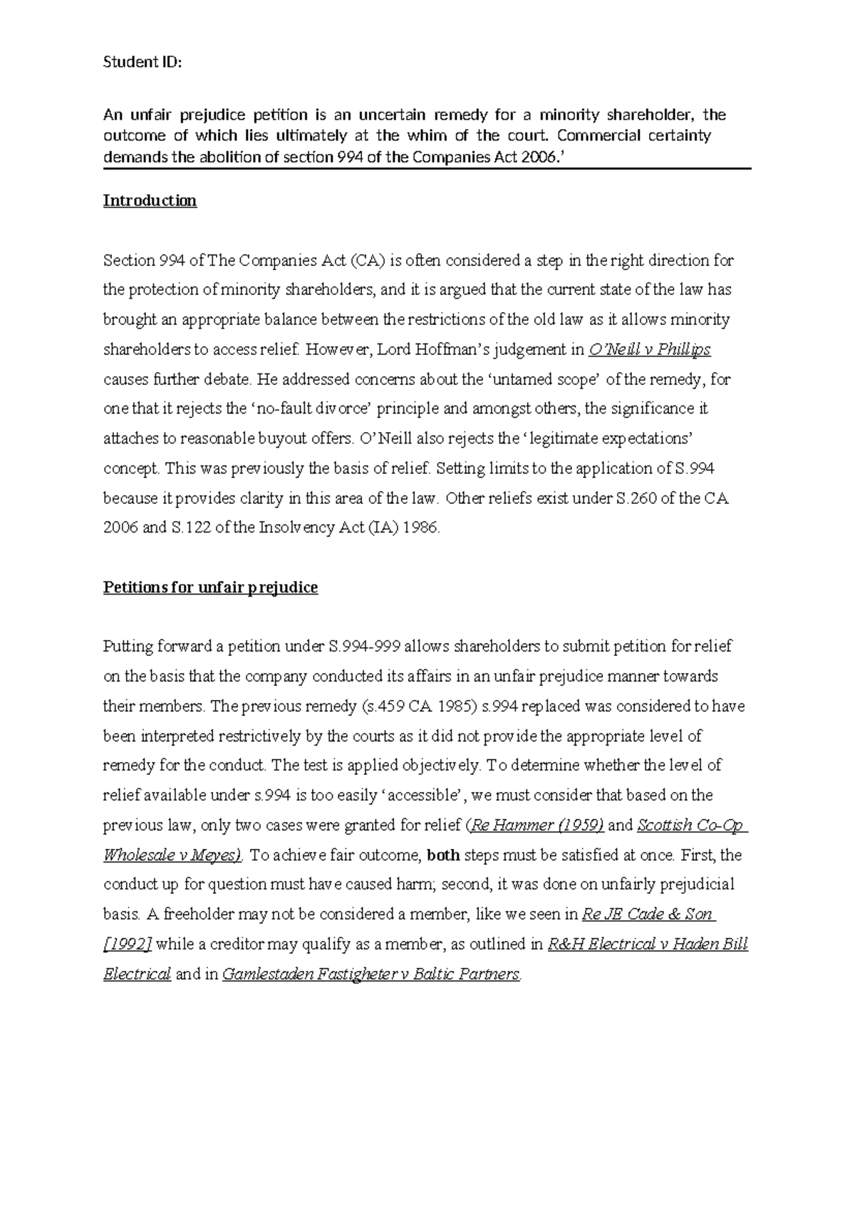 CA 994 Essay: Unfair Prejudice and Minority Shareholder Rights - Studocu