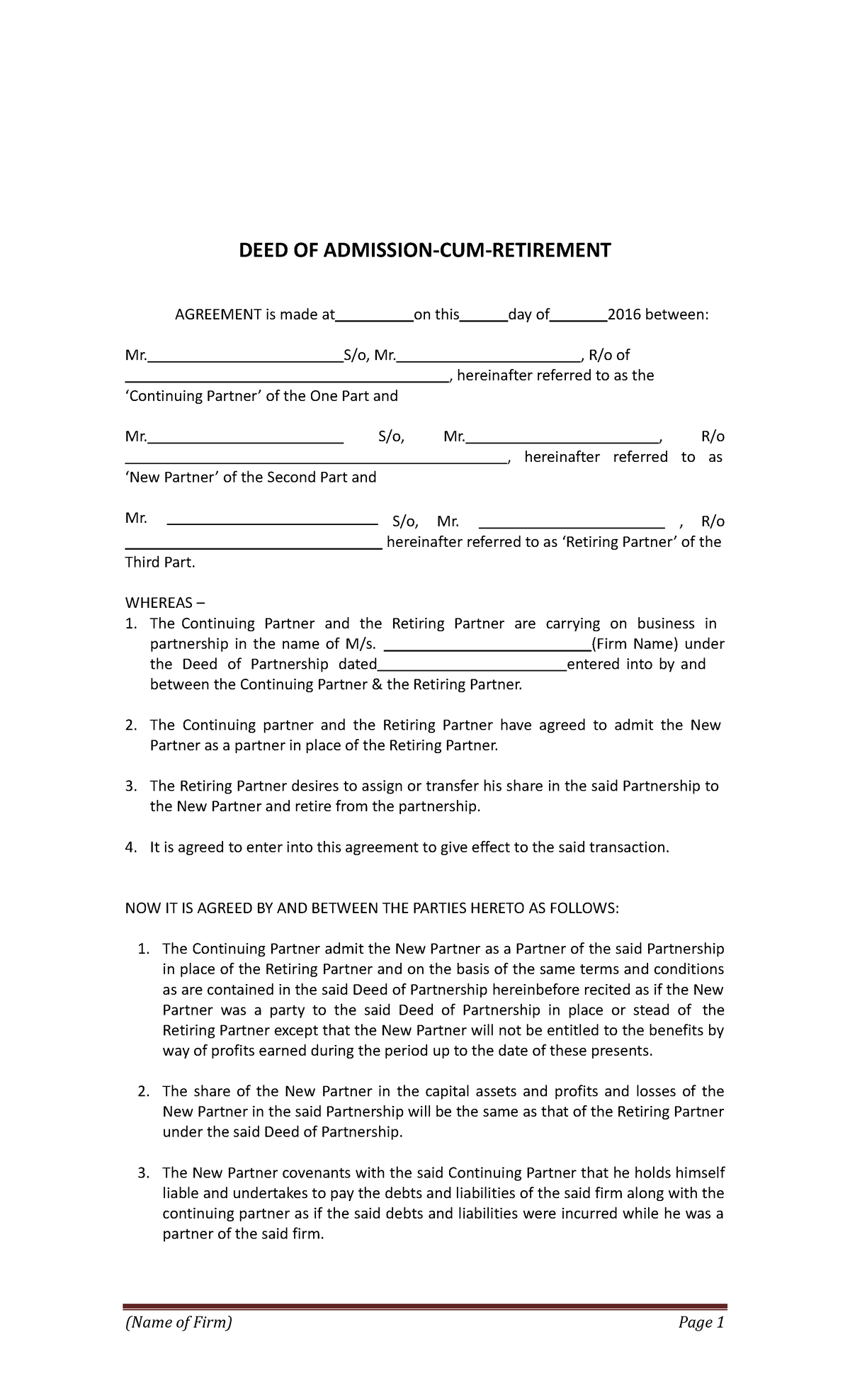 Deed of Admission and Retirement Agreement Format for Partners - Studocu