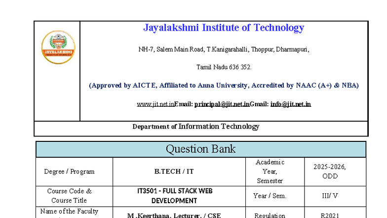 QB IT3501 Full Stack Web Development Question Bank - Studocu