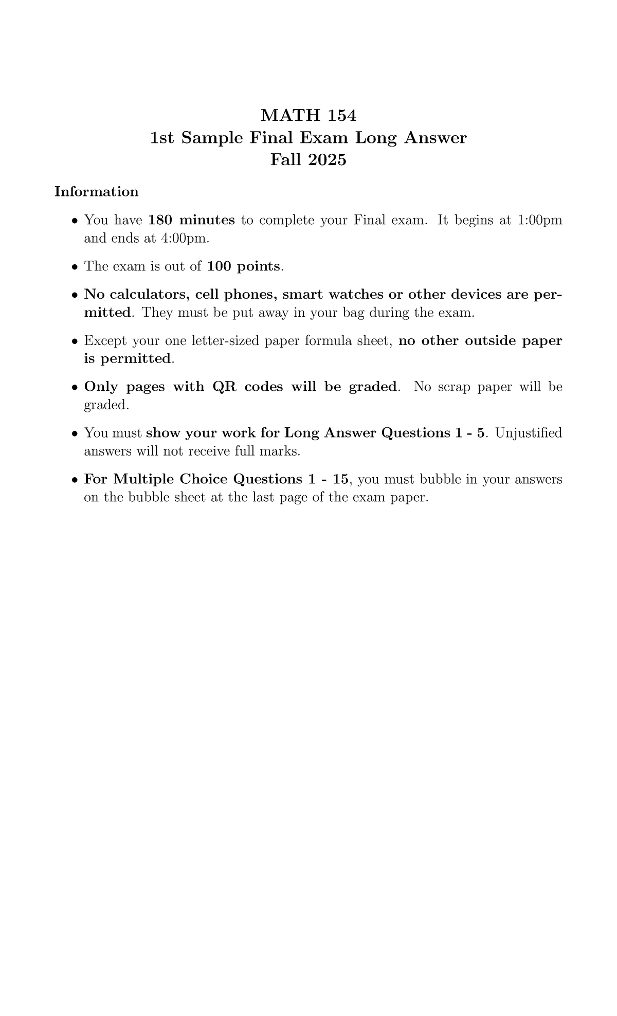 MATH 154 Sample Final Exam Long Answer Guide Fall 2025 - Studocu