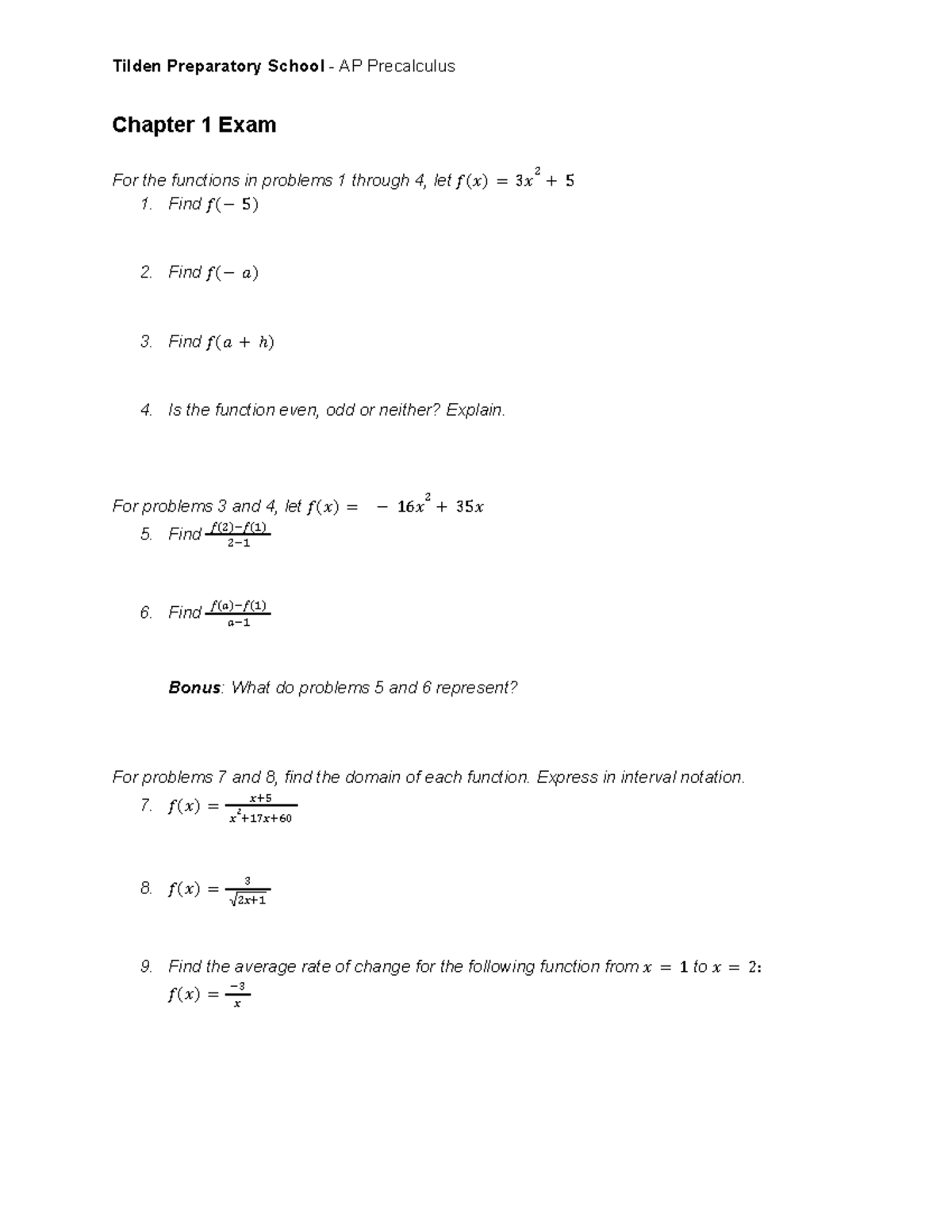 AP Precalculus CH 1 Exam: Functions, Rates of Change & Domain - Studocu