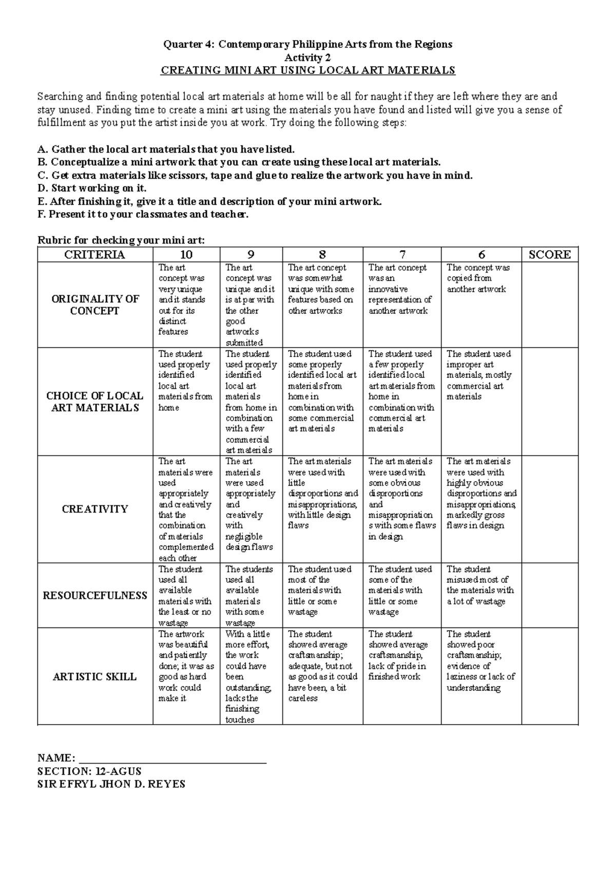CPAR-Act2 - Mini Art Creation Activity and Evaluation Rubric - Studocu