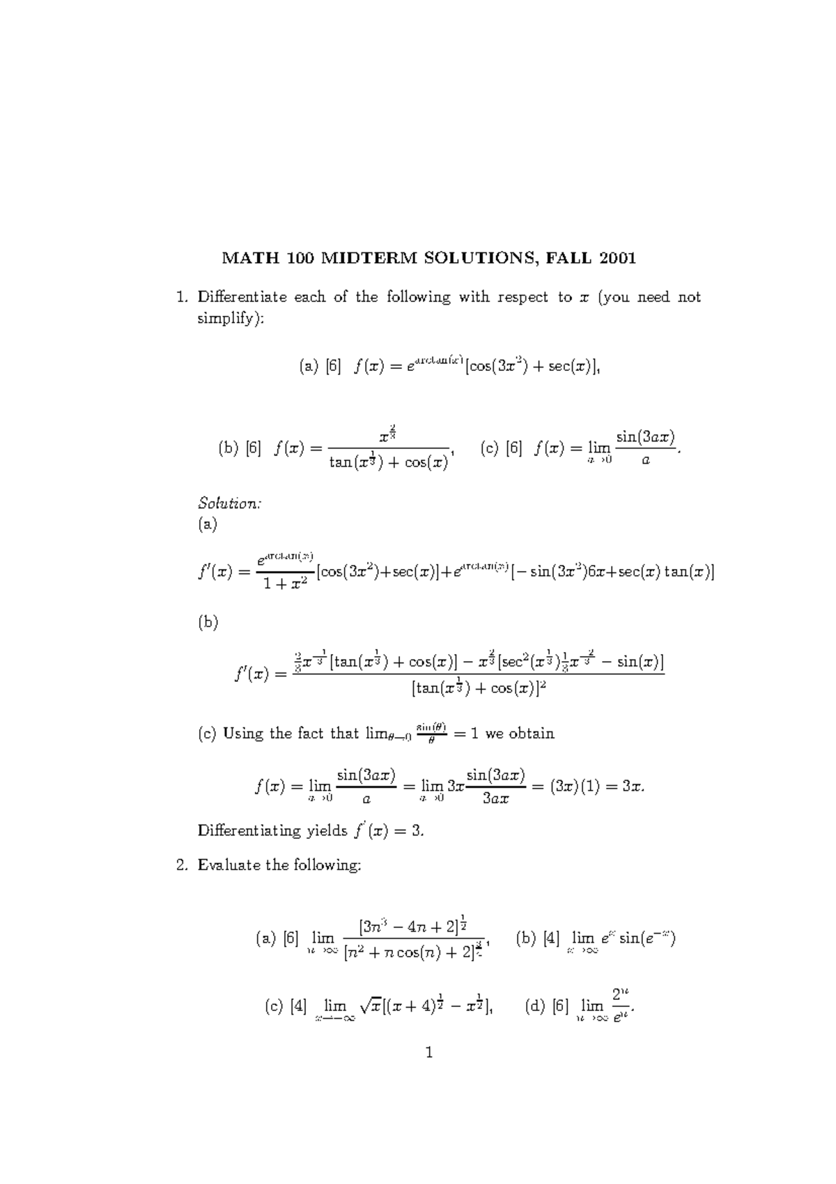 MATH 100 Fall 2001 Midterm Exam Solutions - Studocu