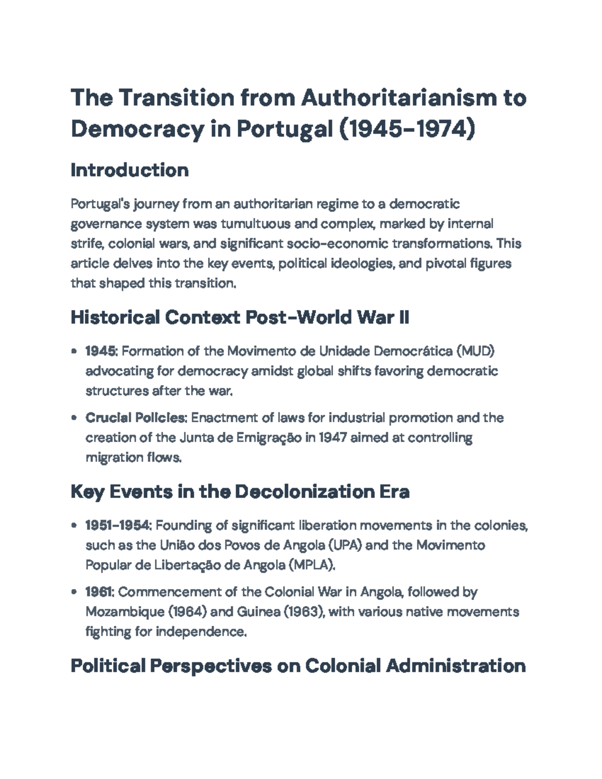 The Transition from Authoritarianism to Democracy in Portugal (1945 ...