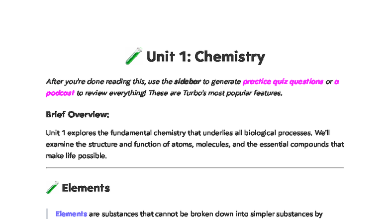 Unit 1: Chemistry of Life Overview and Key Concepts - Studocu