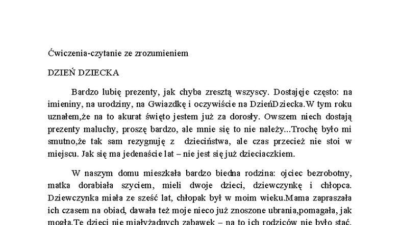 Karta pracy zkk 6i8 - Czytanie ze zrozumieniem Dnia Dziecka - Studocu