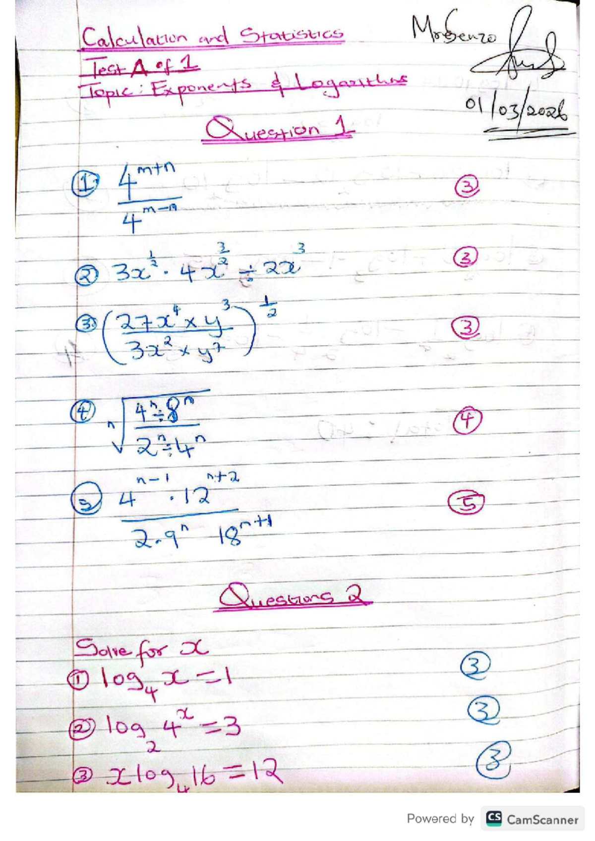 Calc & Stats Test A: Exponents & Logarithms Questions - Studocu