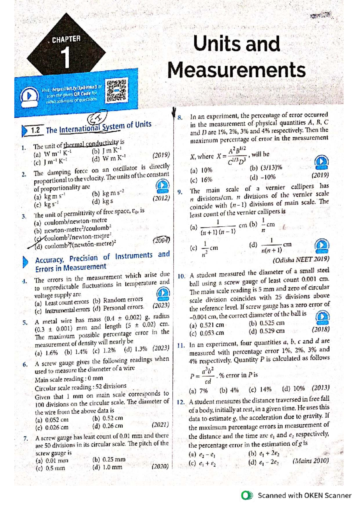 MTG Physics PYQs for Class 11: Units, Measurements & Errors - Studocu