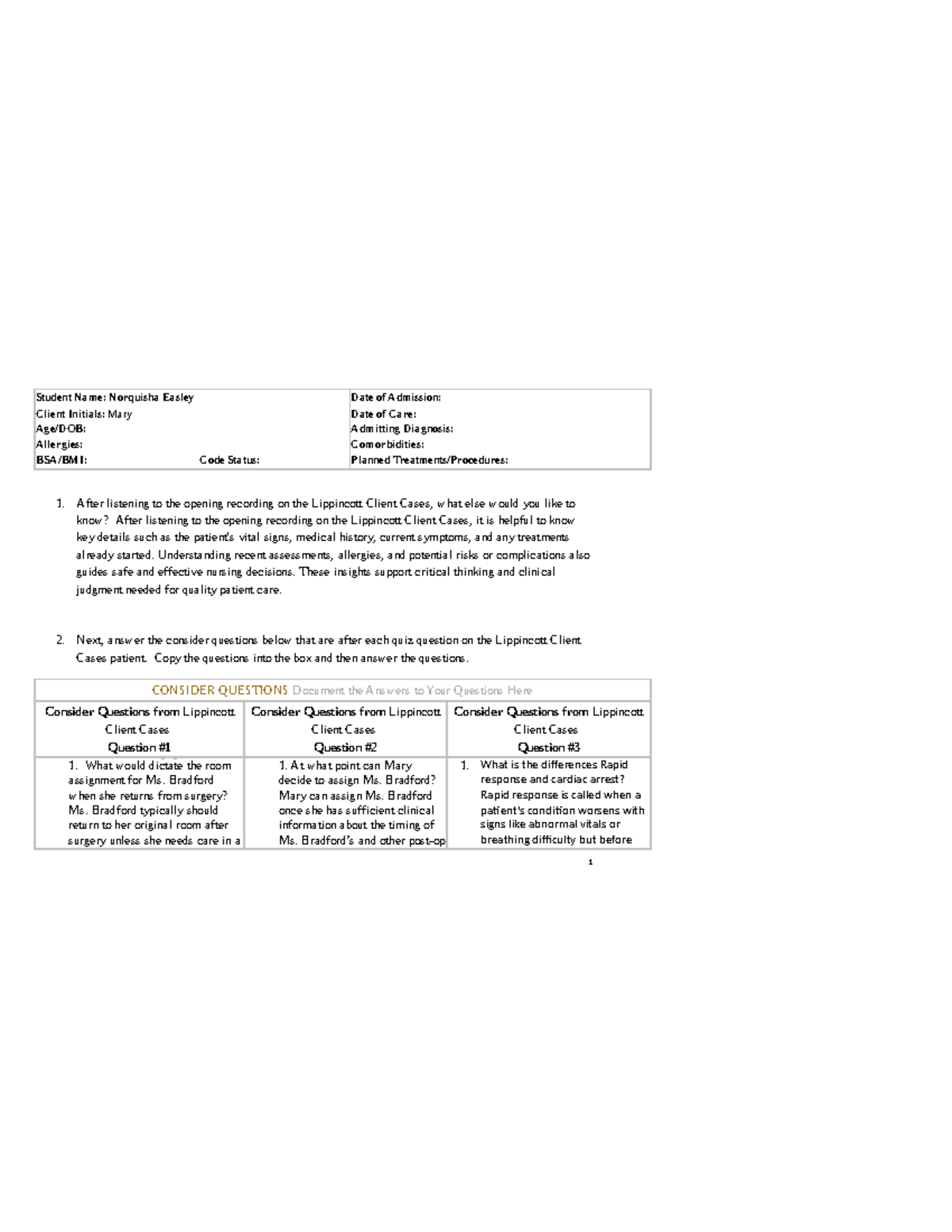Lippincott Client Cases: Consider Questions Answer Sheet - Studocu