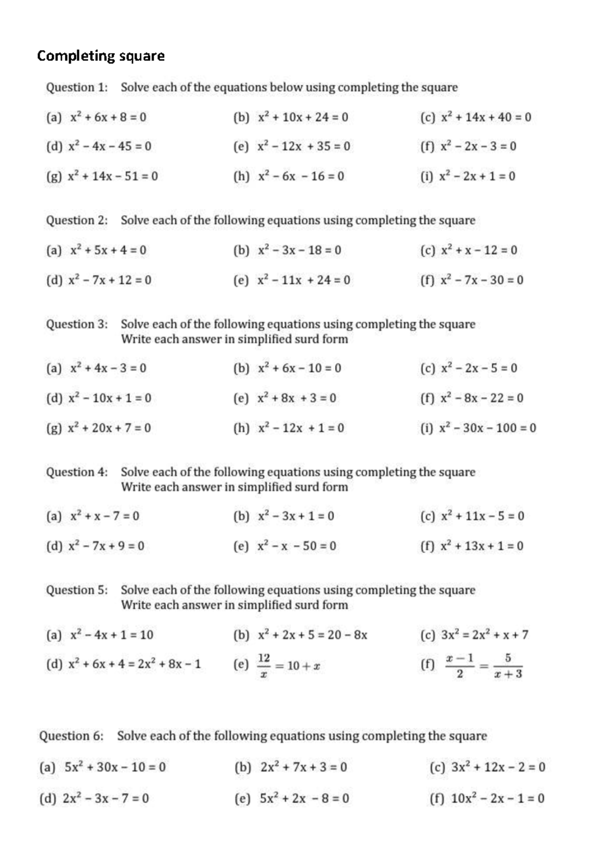 Completing Square Practice Problems (Math 101) - Studocu