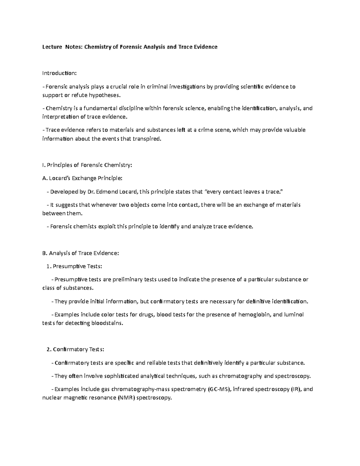 Lecture Notes: Chem of Forensic Analysis & Trace Evidence - Studocu