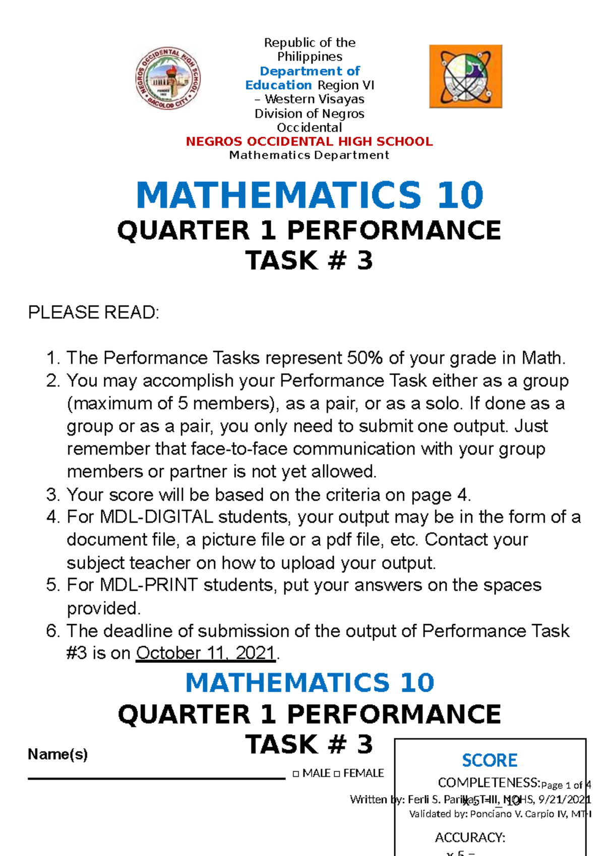 2021 G10 Q1 Performance TASK 3 - Republic of the Philippines Department ...
