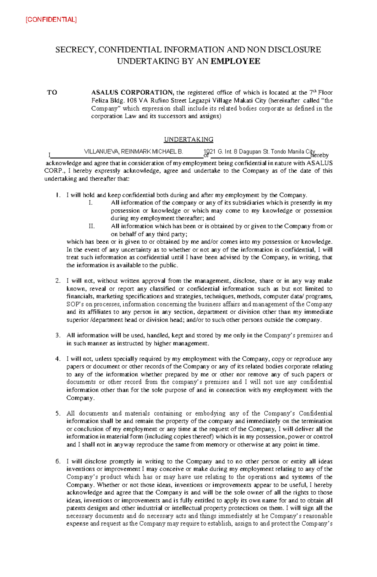 Undertaking Form - Confidentiality Agreement for ASALUS Corp (2025 ...
