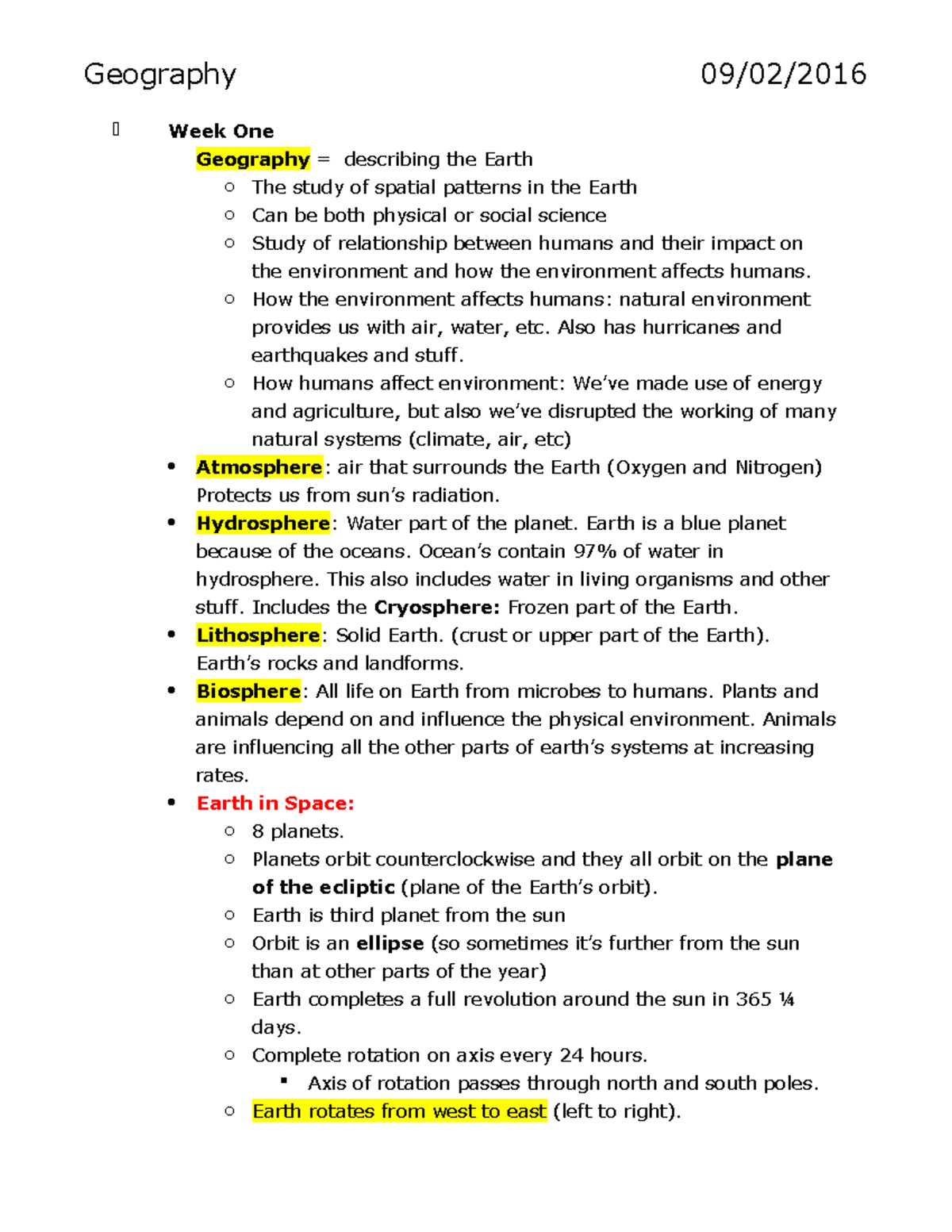 Exam 1 Geography101 Notes - Geography Week One Geography describing the ...